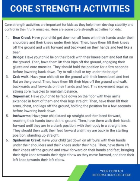 Core Strength Activities Handout - Pink Oatmeal Shop