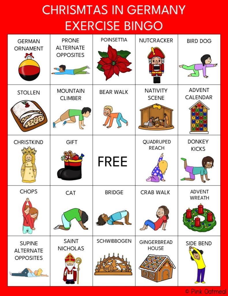 Christmas in Germany Exercise Bingo - Pink Oatmeal Shop